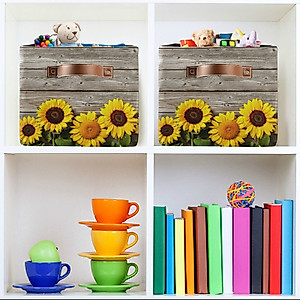 Sunflowers on Wooden Storage Basket Storage Bin Rectangular Collapsible Storage Box with Leather Handles Shelves Basket Organizer for Home, School