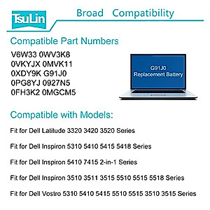 TsuLin G91J0 Laptop Battery Compatible with Dell Latitude 3320 3420 3520 Inspiron 5410 5418 3510 3511 3515 5515 Vostro 5510 5515 Series V6W33 0WV3K8 0VKYJX 0MVK11 0XDY9K 0PG8YJ 0927N5 0MGCM5 0FH3K2