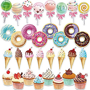 Sepamoon 32 Pcs Candy Party Decorations Includes Ice Cream Cut Outs Donuts Cutouts Round Lollipop Cupcakes Candyland with Glue Point Dots for Classroom Home Room Decor