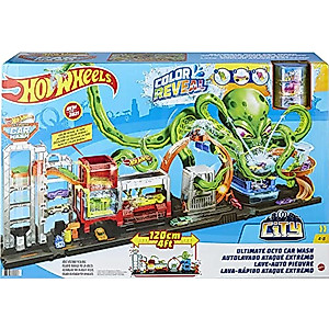 Hot Wheels Toy Car Track Set City Ultimate Octo Car Wash & Color Reveal Car in 1:64 Scale, Color Change in Very Warm & Icy Cold Water
