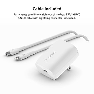 Belkin 20-Watt USB-C Wall Charger, Power Delivery USB-C Charger, PPS Fast Charging for Apple iPhone 15, 15 Plus, 15 Pro, 15 Pro Max, 14, 14 Pro, 14 Pro Max, Galaxy S23, iPad, AirPods & More - White