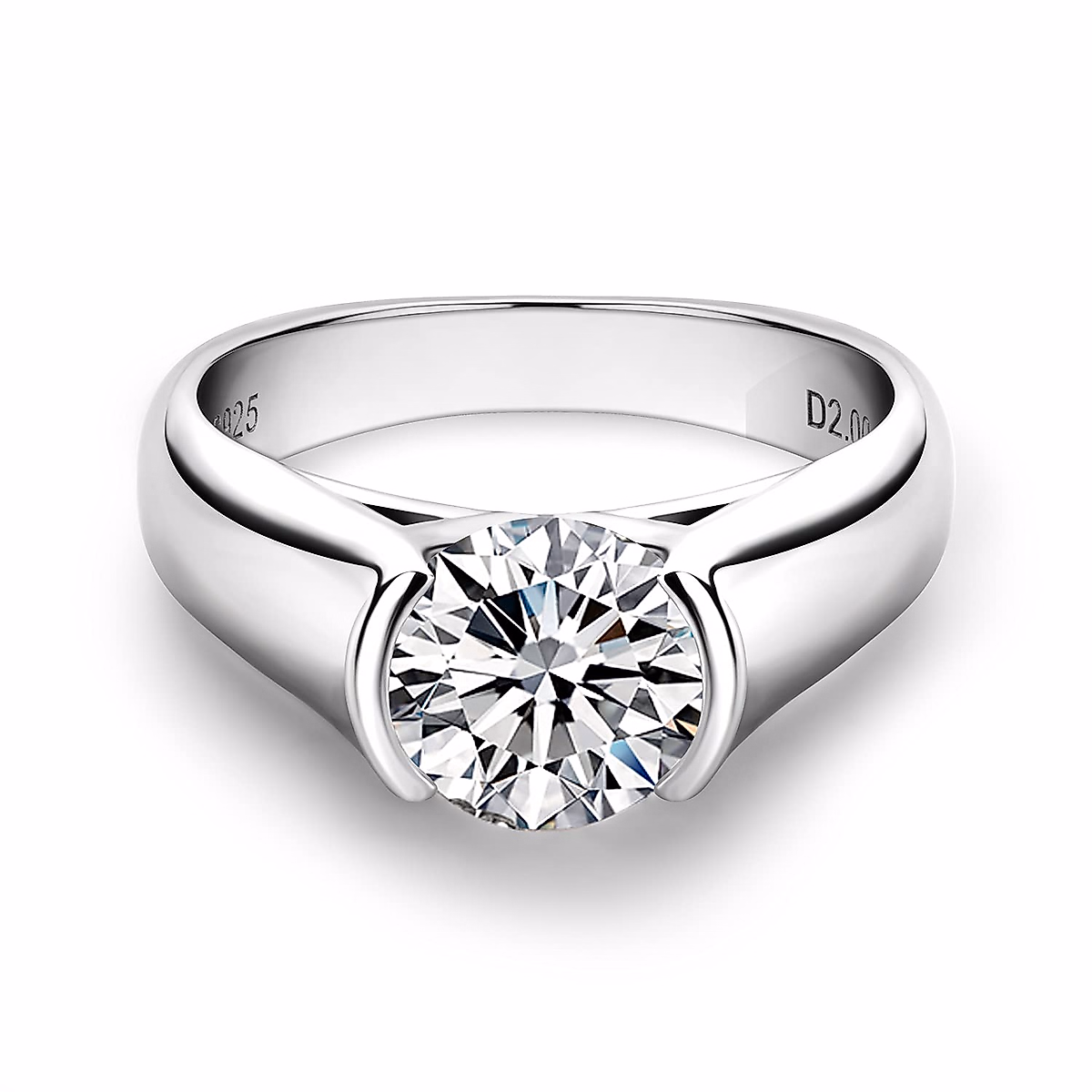 CannyCat 2 Carat Moissanite Half Bezel Set Ring for Women Platinum Plated Silver D color VVS 8 mm Moissanite Diamond Solitaire Engagement Promise Band (5.5)