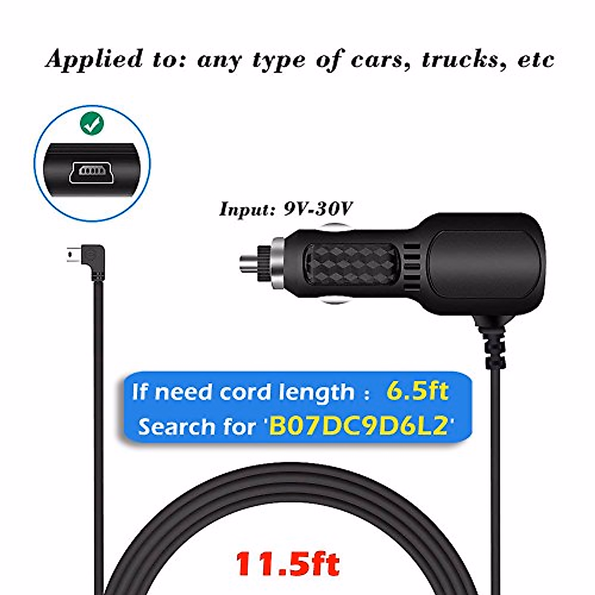 Dash Cam Charger, Plozoe Car Dash Cam USB Power Cable Cord Vehicle Charging Adapter for Garmin GPS Nuvi、Mirror Cam、Dash Cam Power Cable(Mini USB 11.5ft)