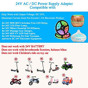 TKDY 24V DC Power Supply Cord, 100-240V AC to DC 24 Volt 1.5A 1A 0.5A 24Vdc Power Adapter, for DC24V LED Strip Lights Diffuser Humidifier and More (Not 24V Battery Charger).