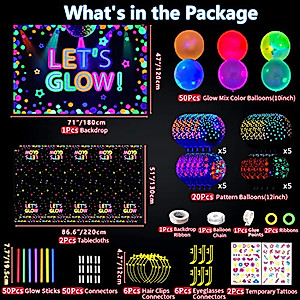 192 Pcs Glow in The Dark Party Supplies - Include Let's Glow Neon Party Backdrop, Neon Balloons, Tablecloth, Glow Sticks Party Pack, Glow Party Supplies Blacklight Neon Party Decorations