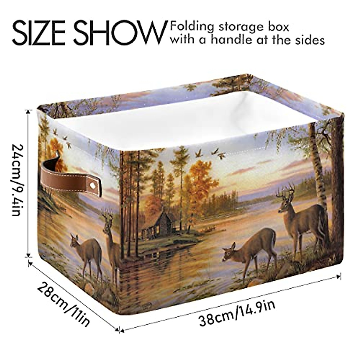 Rectangular Storage Bin Cube Forest Animal Deer Tree River Foldable Organizer Basket with Handles, Collapsible Storage Box for Kids Toy Shelf Closet Nursery