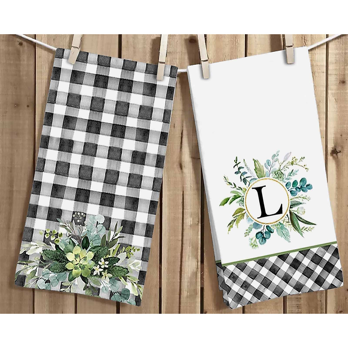 VDLBT Monogram Kitchen Towels Letter L Eucalyptus Leaves Farmhouse Dish Towels Buffalo Plaid Check Dishcloth Fingertip Hand Towel Last Name Initial Soft Tea Towel Set of 2