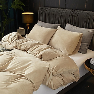 Ivellow Velvet Duvet Cover Queen Set Khaki Velvet Duvet Cover Queen Comforter Cover 3Pcs Ultra Soft Duvet Cover Breathable Solid Luxury Flannel Velour Duvet Cover Zipper Closure Corner Tie