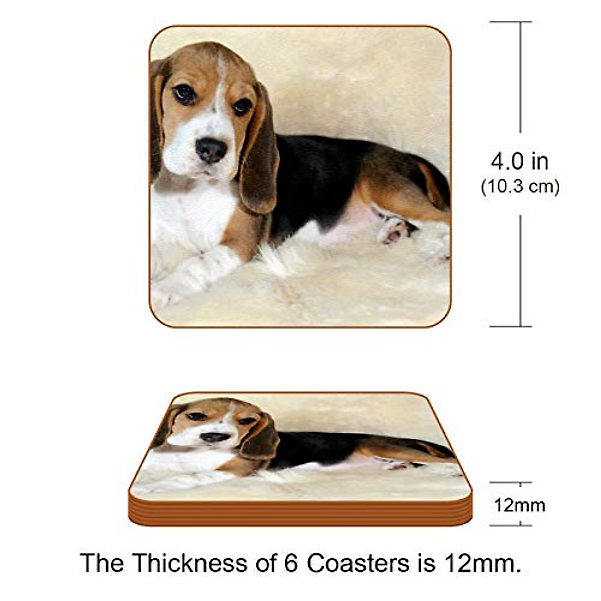 Coasters for Drinks Dog Lay Sleepy Leather Square Mug Cup Pad Mat for Protect Furniture, Heat Resistant, Kitchen Bar Decor, Set of 6