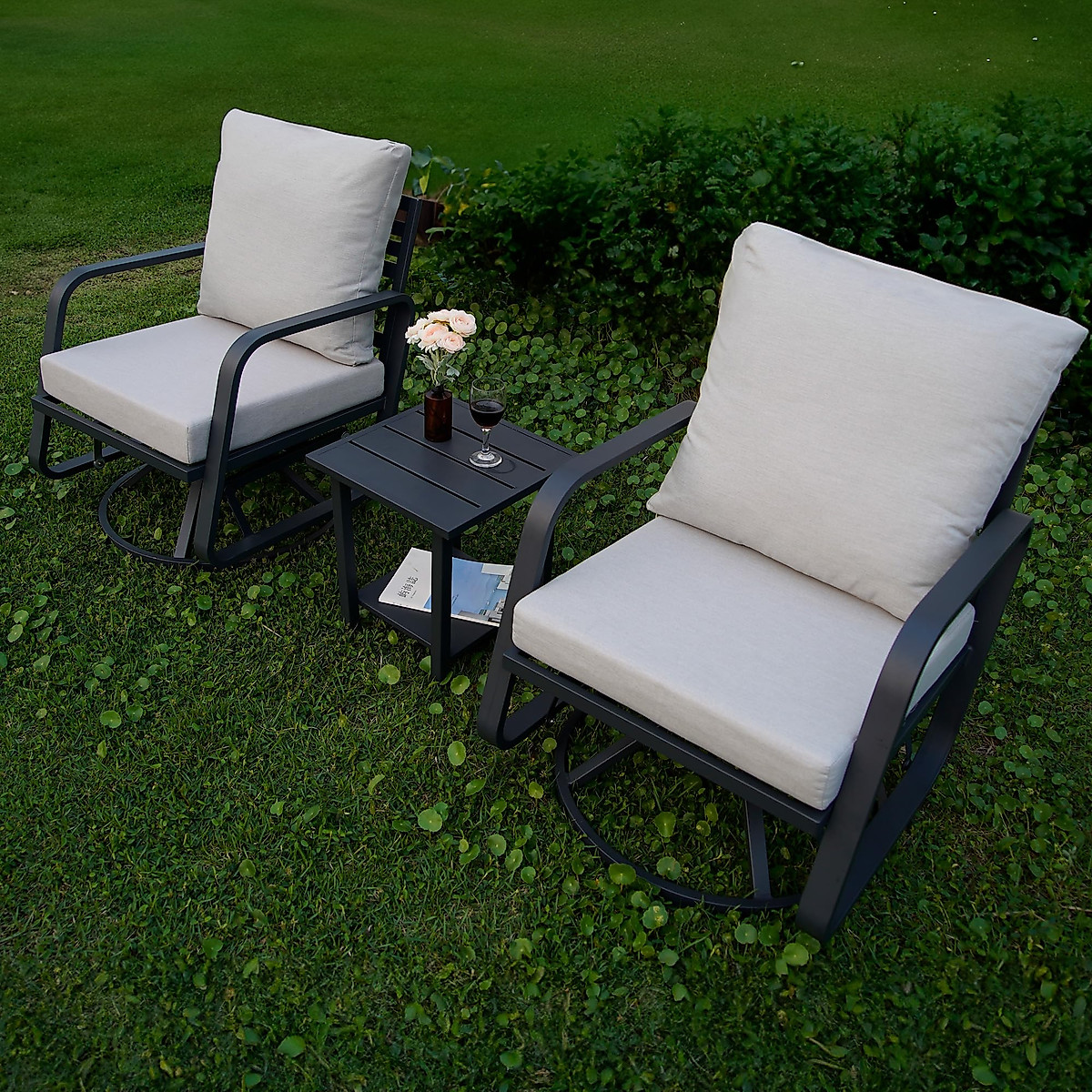 Patio Chairs Swivel Rocker Sets: 3Sets Aluminum Alloy Ensemble with 360° Swivel Rocking Chairs, Rust-Resistant Frame Cushions -Perfect for Backyard, Deck, Porch, and Balcony Decoration(2seat+1table)
