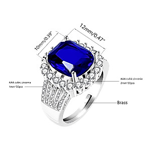 Uloveido Platinum Plated Cushion Cut 5 Carat Simulated Sapphire Ring, Blue Cubic Zirconia Adjustable Birthstone Rings Wedding Women Y987