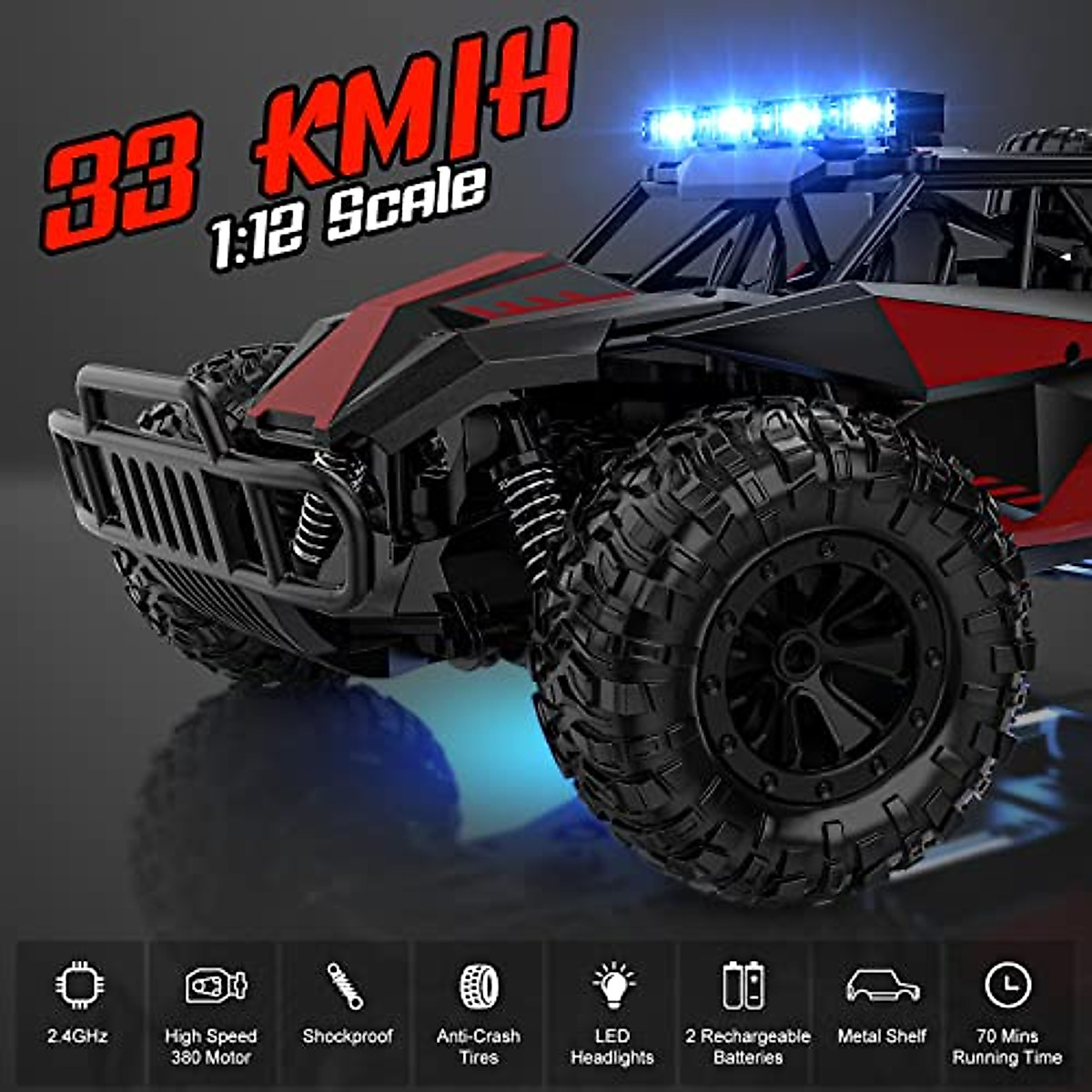 BLUEJAY Remote Control Car - 2.4GHz High Speed 33KM/H RC Cars Toys, 1:12 Monster RC Truck Off Road Hobby Toys with LED Headlight and Rechargeable Battery Gifts for Adults Boys 8-12 Kids