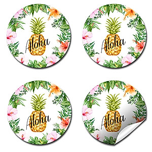 Watercolor Pineapple Aloha Thank You Sticker Labels, 40 2" Party Circle Stickers by AmandaCreation, Great for Party Favors, Envelope Seals & Goodie Bags