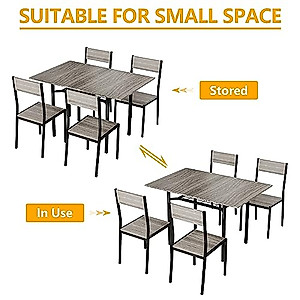 LVSOMT 5-Pieces Dining Table Set for 4, Kitchen Table and Chairs for 4, Metal and Wooden Foldable Table for Small Space, Dining Room Table Set with Built-in Storage Rack (Grey)