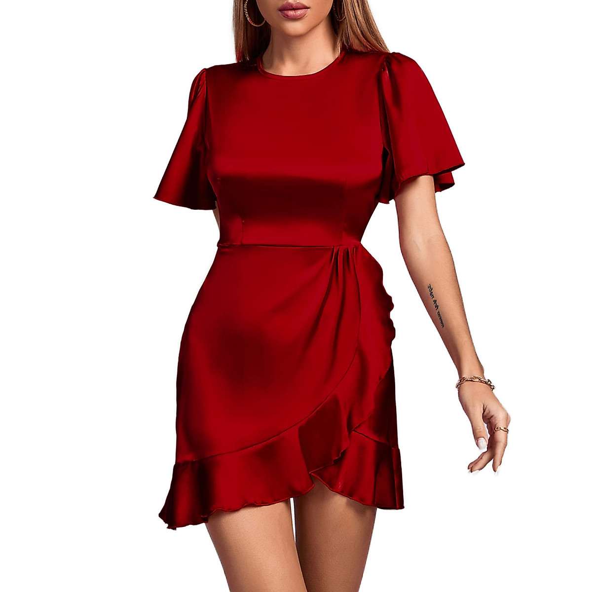LYANER Women's Satin Wrap Front Ruffle Hem Short Sleeve Crewneck A Line Mini Short Dress Wine Red Medium