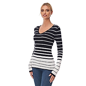 AmélieBoutik Women Striped V Neck Bow Open Back Long Sleeve Sweater (Black and Ivory X-Large)