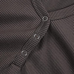 Women's Casual Solid Color Ribbed Top Long Sleeve V-Neck Pullover Knit Shirt Comfy Buttons Slim Workout Plain Blouses Khaki