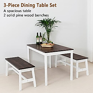 Alohappy Dining Table Set with 2 Benches, Rectangular Kitchen Table Set for 4-6 Person, Small Room Pine Wood Table for Kitchen, Dining Room, Easy Assembly (Dark Brown)