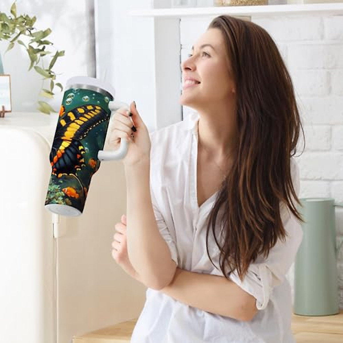 Slewiaeky Tumbler with Handle 40 oz Insect Butterfly Retro Travel Mug with Lid and Straw Ocean Stainless Steel Vacuum Insulated Water Bottle Cup for Iced Tea Coffee Cold Beverages Cup Holder Friendly