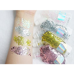 GL-Turelifes Body Glitter Gel, Easy to Apply&Remove 50ml Mermaid Sequins Chunky Glitter for Body Face Hair, Festival Glitter Halloween Costume Makeup Long Lasting Sparkling (Silver(Chunky Glitter))