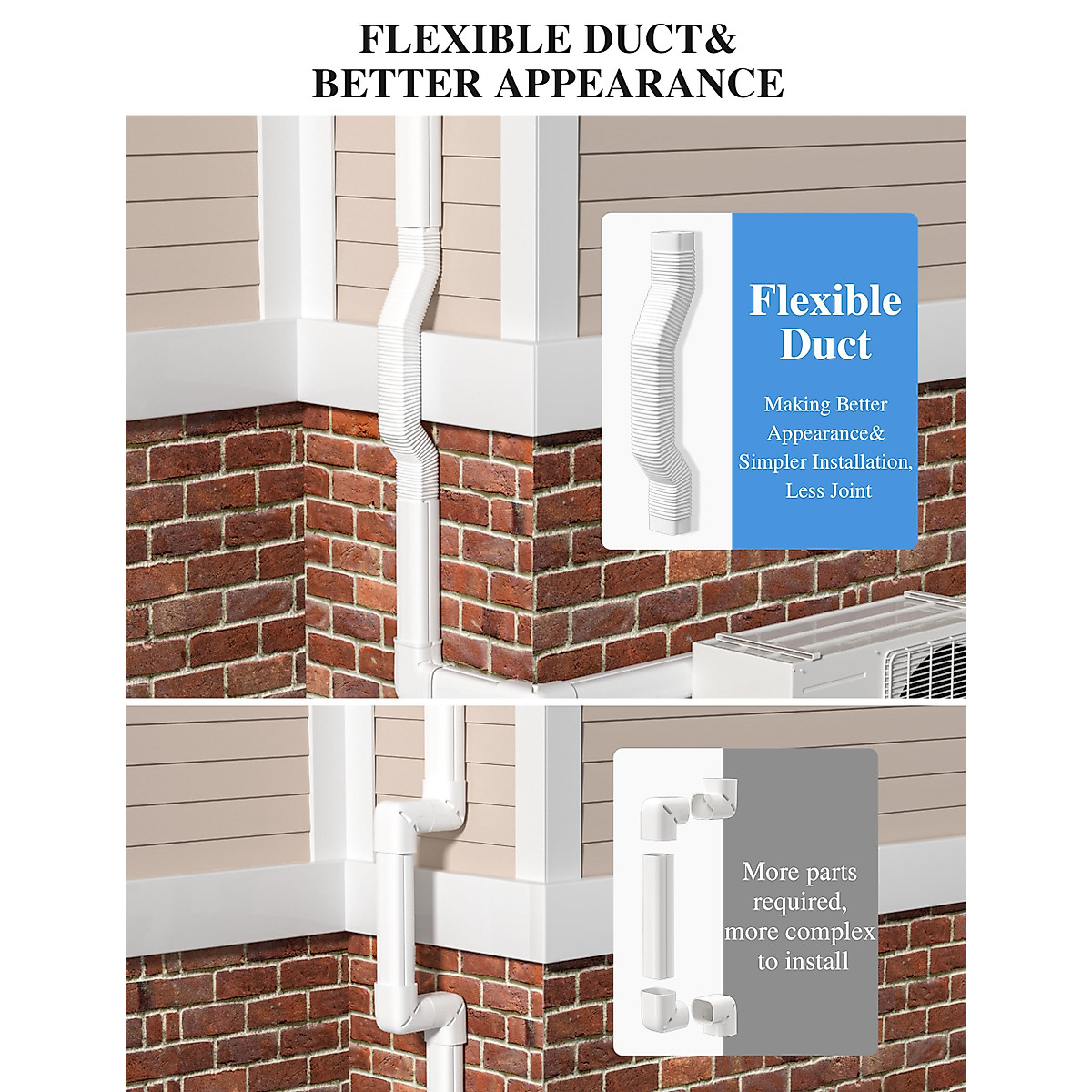 WEETALL 4'' 16 Ft Mini Split Line Set Cover with Flexible Pipe, Upgrade PP Heat-Resistant & Paintable, Central AC and Heat Pumps-Full Set, No Other Parts Needed