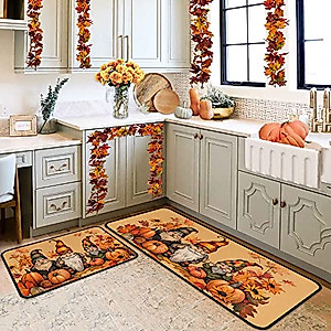 Fall Gnome Pumpkin Decorative Kitchen Rugs and Mats Set of 2, Fall Thanksgiving Gnome Sunflower Maple Leaves Seasonal Decorative Kitchen Mat 17"x47"+17"x30"