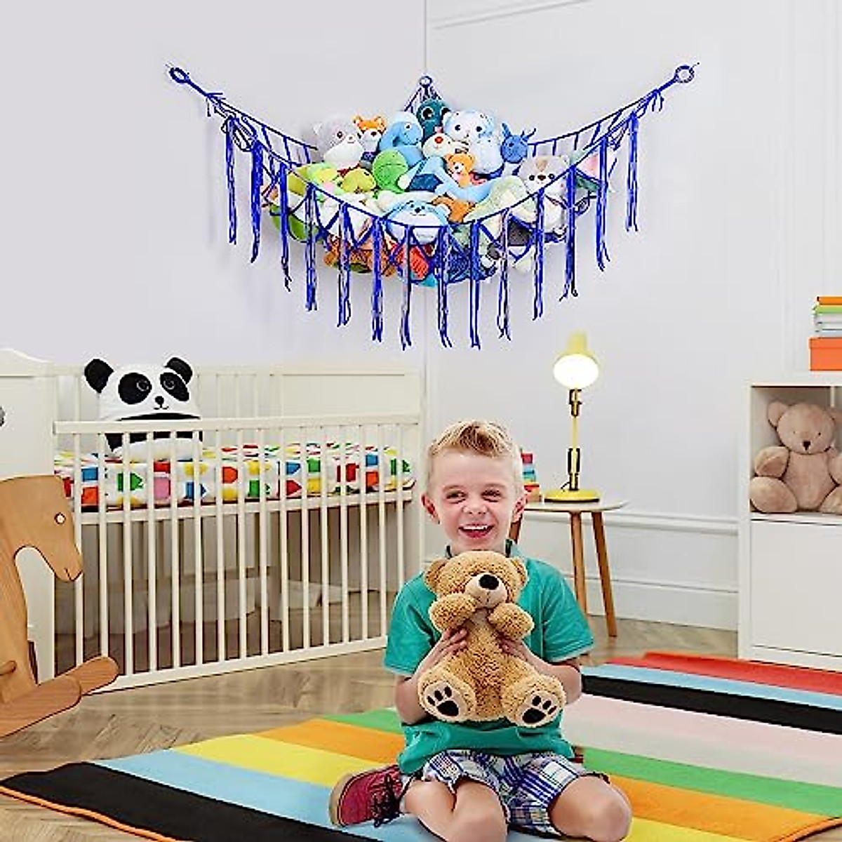 Basumee Stuffed Animals Net or Hammock Toy Storage Organizer Toy Hammock Hanging Stuffed Animals Storage Holder with Tassels for Nursery Kids Bedroom Room Wall Décor, Blue
