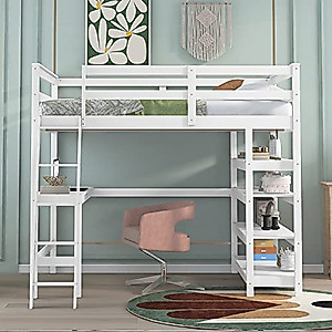 Harper & Bright Designs Full Size Loft Bed with Desk Underneath Full Loft Bed with Shelves and Ladder, Wood Loft Bed Full for Kids Girls Boys,White