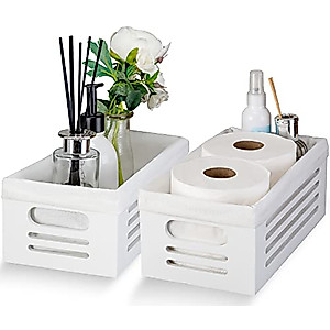 2 Pack White Bathroom Decor Box for Toilet Paper Storage - Wood Toilet Tank Basket Topper - Perfect Back of Toilet Storage Basket, Lined with Soft Linen Fabric - Ideal Countertop Sink Organizer