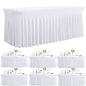 Outpain White Spandex Table Clothes for 8 Foot Rectangle Tables-6Pack 8FT Spandex Fitted Table Cover, Wrinkle Free Tablecloths with Skirt for Parties, Wedding, Birthday, Banquet, Festival