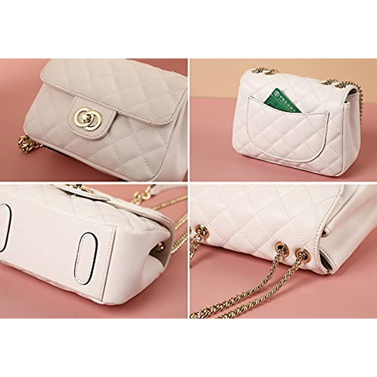 Plergi Small Genuine Leather Crossbody Quilted Handbag with Chain Strap Lightweight Cellphone Purse for Women