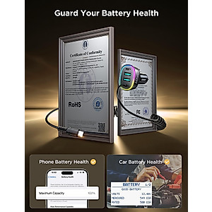 USB C Car Charger, 60W Super Fast Car Charger Adapter with 5ft 30W Type C Coiled Cable, Car Phone Charger Adapter for iPhone 15 Pro Max, Samsung Galaxy S24/S23, Google Pixel, iPad Pro…