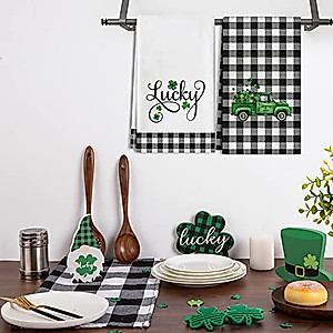 AnyDesign St. Patrick's Day Kitchen Dish Towels 18 x 28 White Black Buffalo Plaids Dishcloth Lucky Shamrock Clover Truck Drying Cloth Tea Towel Irish Decorative Hand Towel for Cooking Baking, 4 Pack