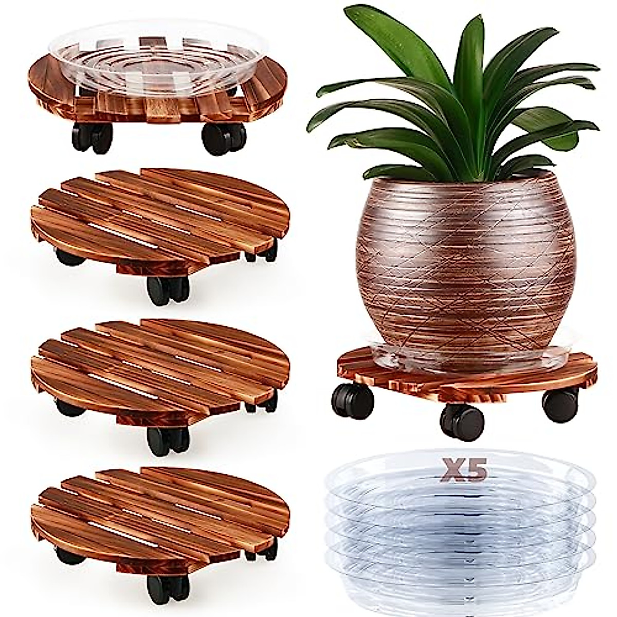 5 Pack Plant Caddy with Wheels Heavy Duty 13.5 Inch Wooden Plant Stand with Wheels Plant Dolly Rolling Plant Stand Plant Roller with Casters for Indoor and Outdoor with 5 Pack Plant Saucers, Round