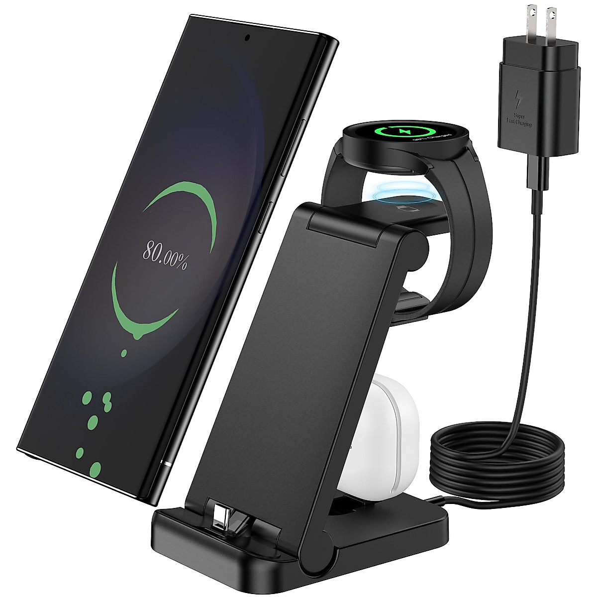 3 in 1 Charging Station for Samsung, 25w PD Super Fast Charger for Samsung Galaxy S23 Ultra/S22/21/Note20/Z Fold5/4/3, Galaxy Buds2Pro/Plus/Liv, Wireless Charger for Galaxy Watch 6/5 pro/4/3/Active2