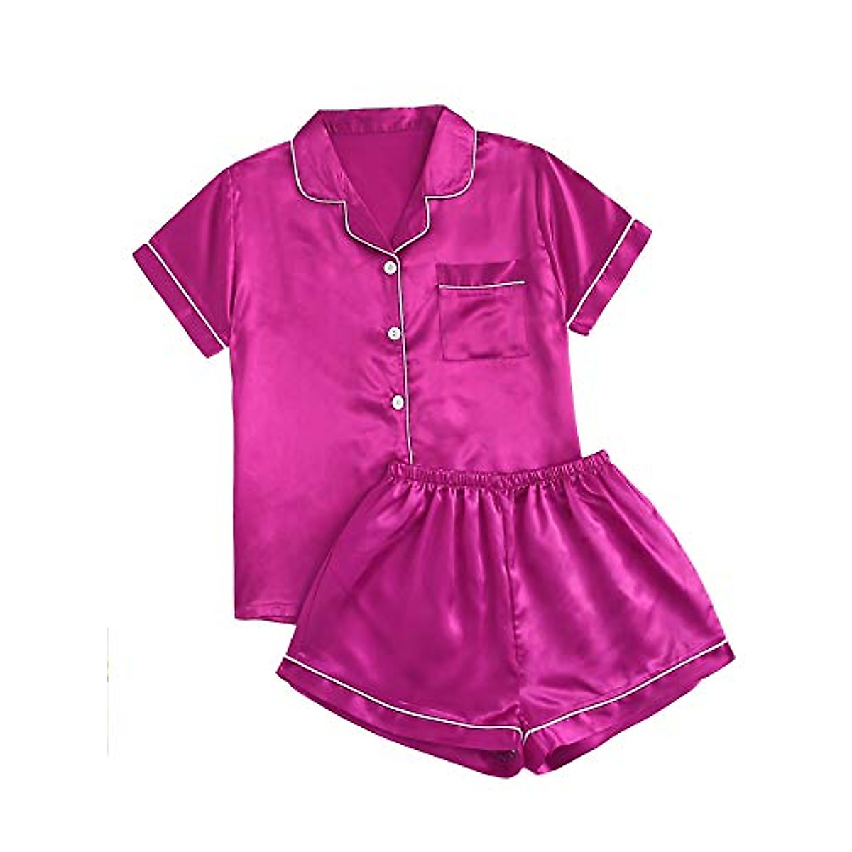 SweatyRocks Women's Short Sleeve Sleepwear Button Down Satin 2 Piece Pajama Set Hot Pink Small