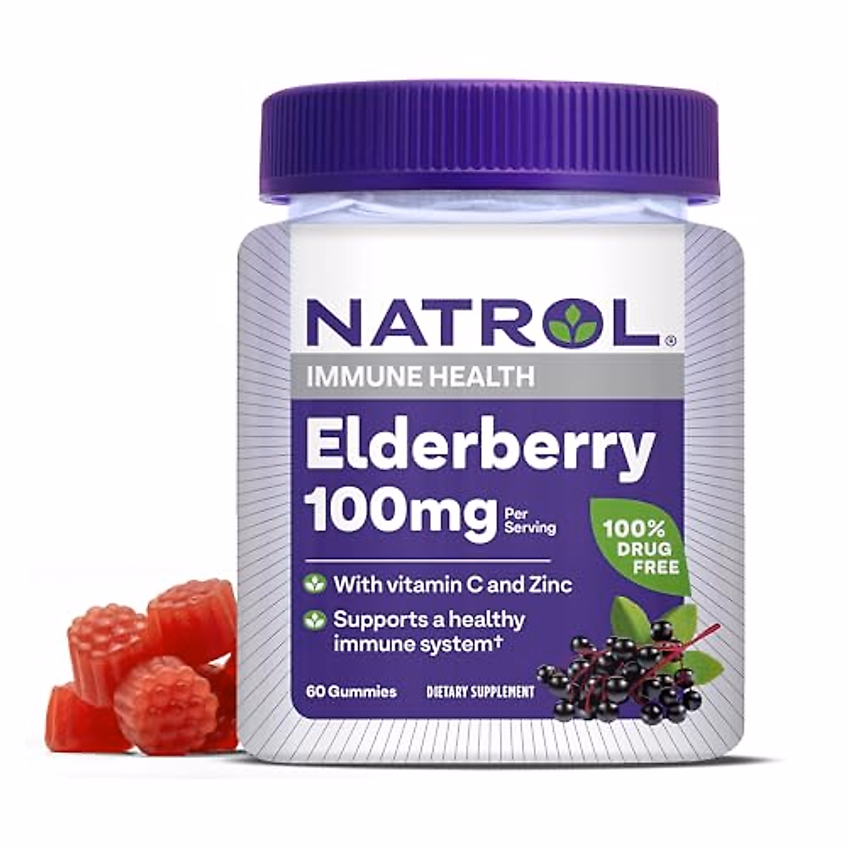 Natrol Elderberry 100mg Gummies for Immune Health Support, 60 Berry-Flavored Gummies, 30 Day Supply
