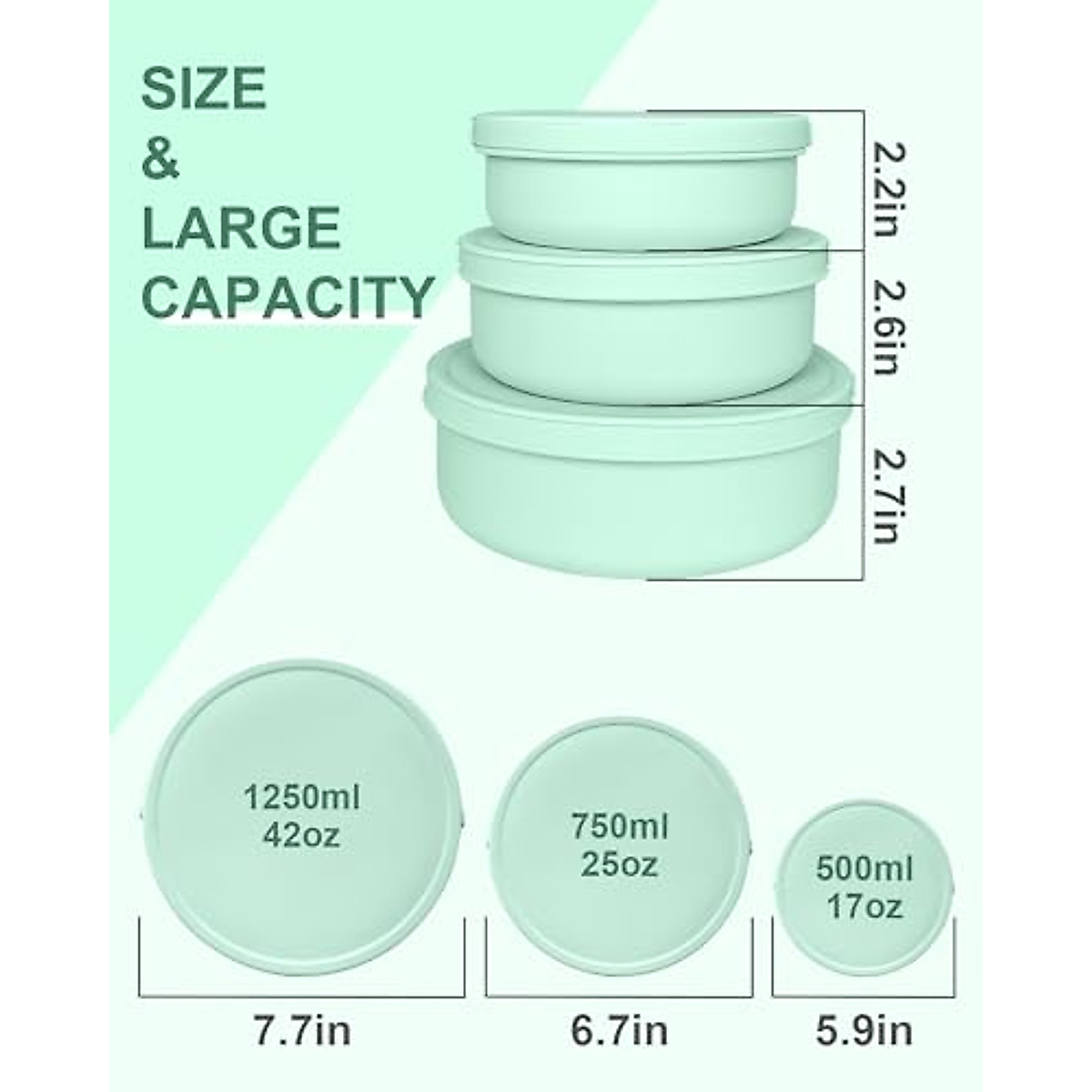 DGitaor Silicone Food Storage Containers Bowl, Set of 3 Reusable Silicone Bento Lunch Box Containers with Lids (17oz, 25oz, 42oz) Dishwasher, Microwave and Freezer Safe Mint Green