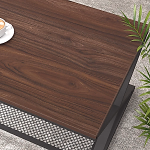 LVB Walnut Coffee Table with Storage, Metal Wood Rectangle Living Room Table, Industrial 2 Tier Center Table with Mesh Shelf, Vintage Wooden Middle Concrete Tables for Office Bedroom, 39 inch, Walnut