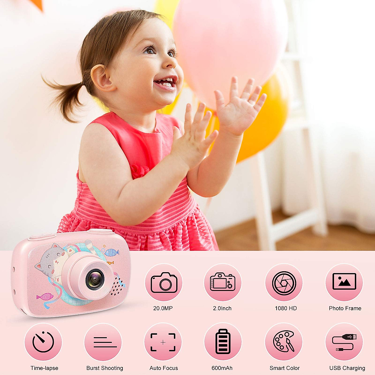 Kids Camera 20MP Digital Video Camera for Kids, Toy Camera with 2.0 Inch IPS Screen,Gifts for Children's Day,Mini Rechargeable Toddler Toys Camera for 3~12 Years Girls