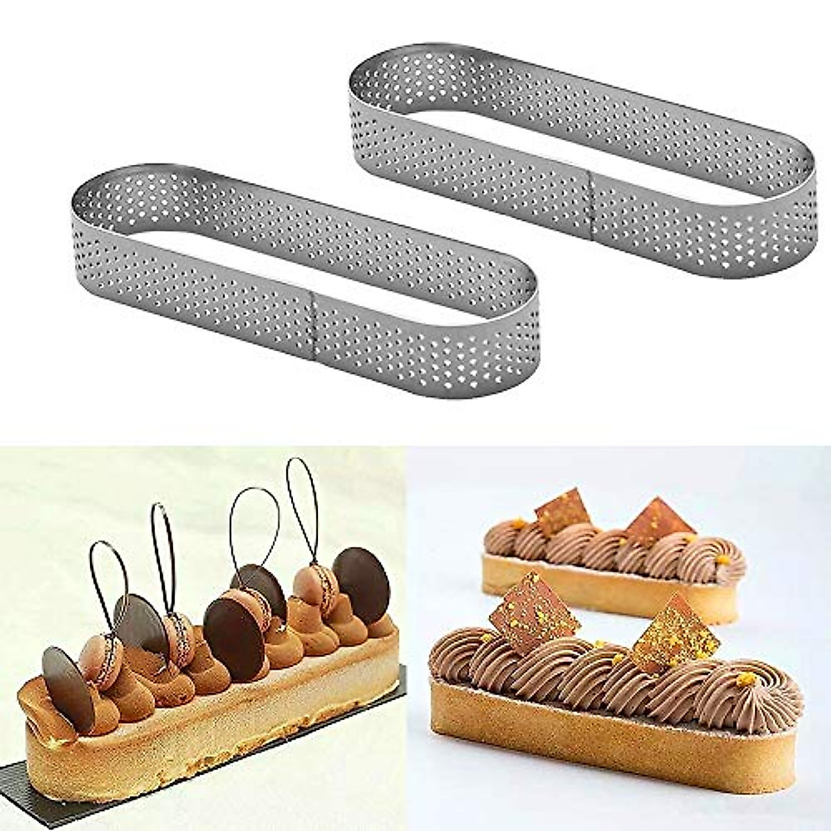 Idlespace 2pcs DIY Stainless Steel Tart Ring French Perforated Dessert Cutter Mousse Cake Mold Circle Mould Perforated for Pastry Cake Mousse Pancake(Oval)