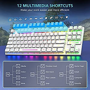 Wireless Gaming Keyboard and Mouse Combo,Rainbow Backlit 87 Keys Membrane Keyboard,2.4GHz Rechargeable 4000mAh Keyboard Mouse, Dual-Head USB&Type C Receiver for PC/Smart Phone/Laptop/Tablet/PS4(White)