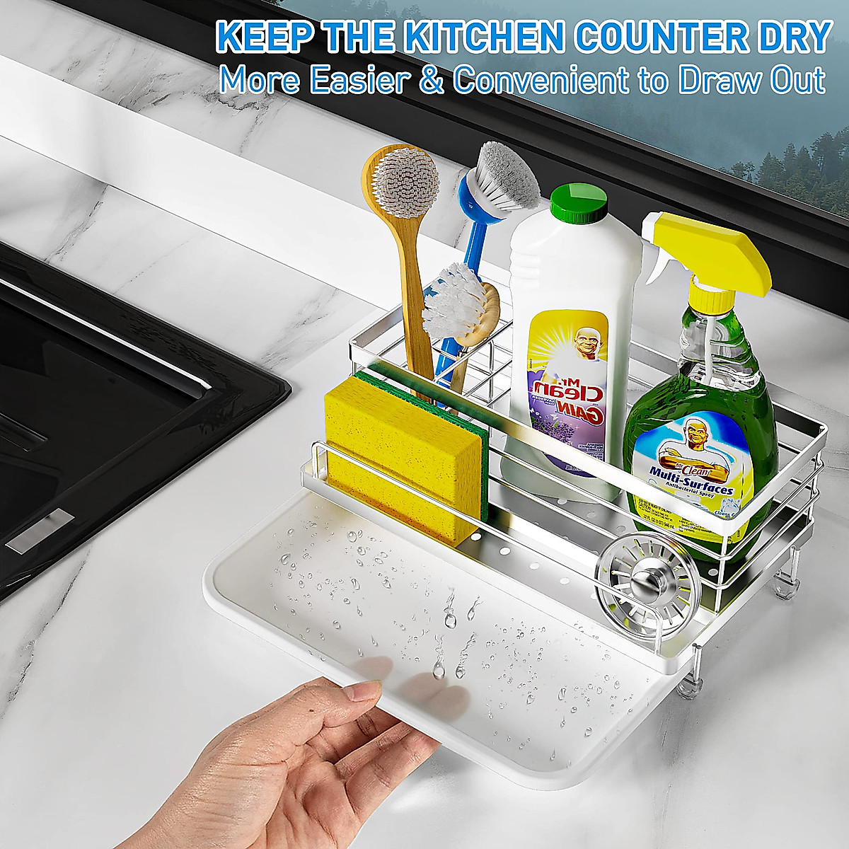 Cisily Sponge Holder, Caddy Organizer, Sink Accessories with Drip Tray, Rustproof and Non-slip, Kitchen Essentials for New Home