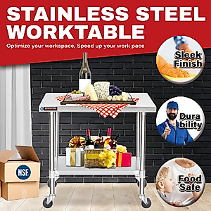 DuraSteel Food Prep Stainless Steel Table - 30 x 36 Inch Metal Table Cart - Commercial Workbench with Caster Wheel - NSF Certified - For Restaurant, Warehouse, Home, Kitchen, Garage