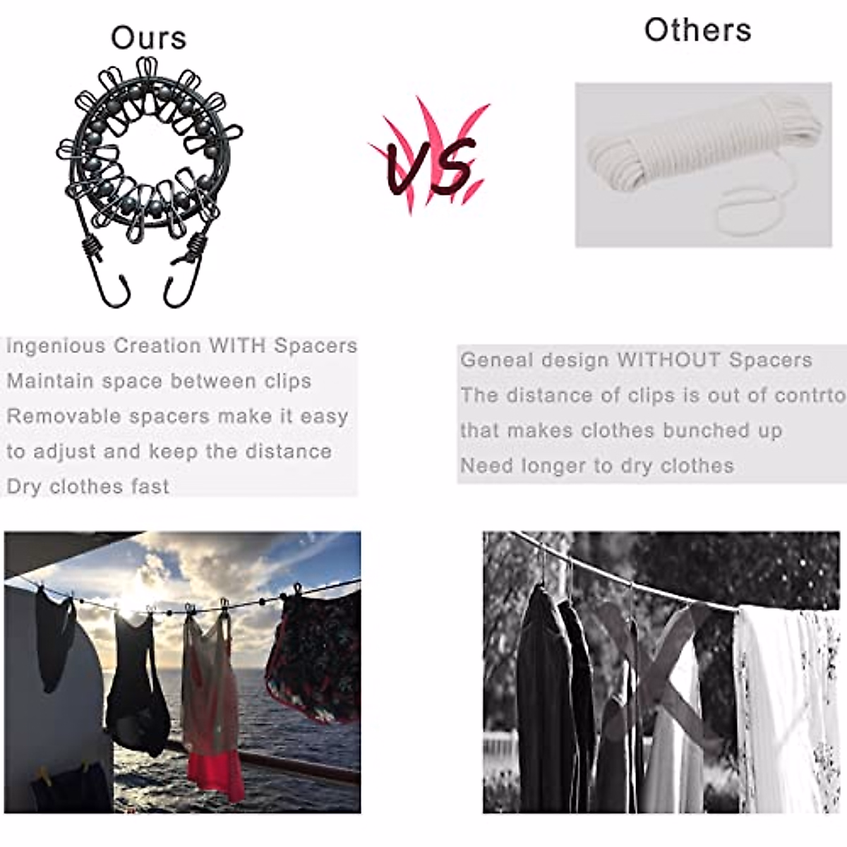 Portable Travel Clothes Line with 12 Clothespins, Windproof Travel Clothesline Stretchy Elastic for Indoor Laundry Drying line,Outdoor Camping Accessories (Black)