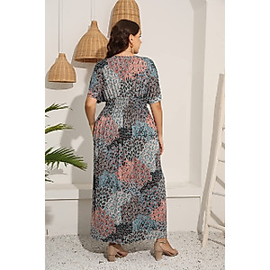 OSTOO Women's Plus Size Hawaii Empire Waist Bat Short Sleeve Casual Floral Print Boho Maxi Dress（Flower 3,4XL