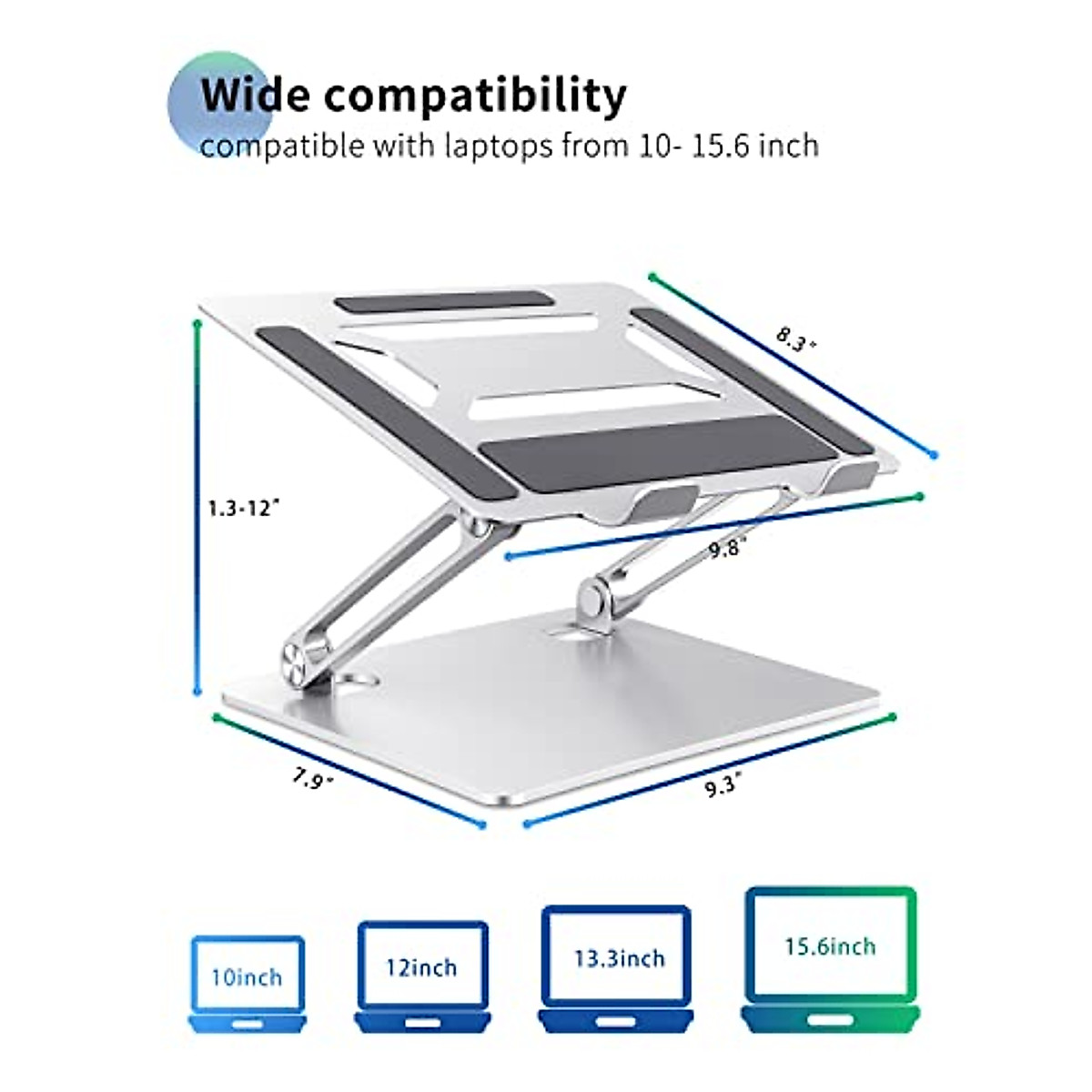 SOUNDANCE Laptop Stand for Desk with Stable Heavy Base, Adjustable Height Multi-Angle, Ergonomic Metal Riser Holder, Foldable Mount Elevator, Compatible with 10 to 15.6 Inches PC Computer, Silver