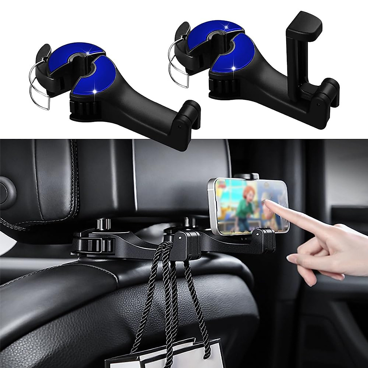 DWARFOO 2 Pack Car Headrest Hook with Phone Holder, 2 in 1 Car Vehicle Back Seat Headrest Mobile Phone Holder Hanger Holder Hook for Bag Purse Cloth Grocery (Blue)