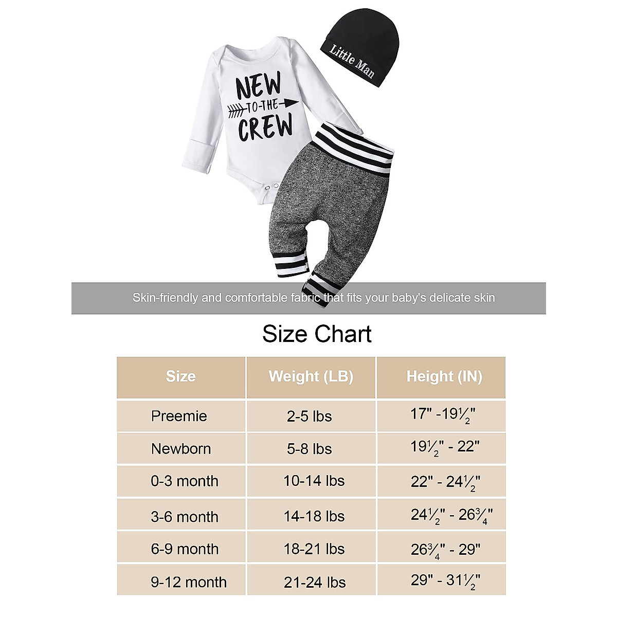 Baby Boy Clothes 0-3 Months Baby Clothes Boy New to The Crew Print Romper Pants Hat 3PCS Baby Boy Outfits White