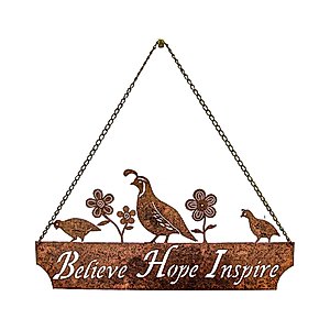 California Home and Garden CH303 Hanging Metal Quail Family Believe-Hope-Inspire Sign with Flowers, Rustic Look Artwork, 20 Inch Wide, Brownish Red